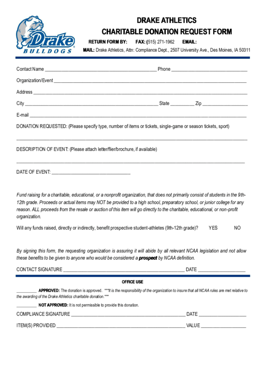 Fillable Drake Athletics Charitable Donation Request Form printable pdf ...