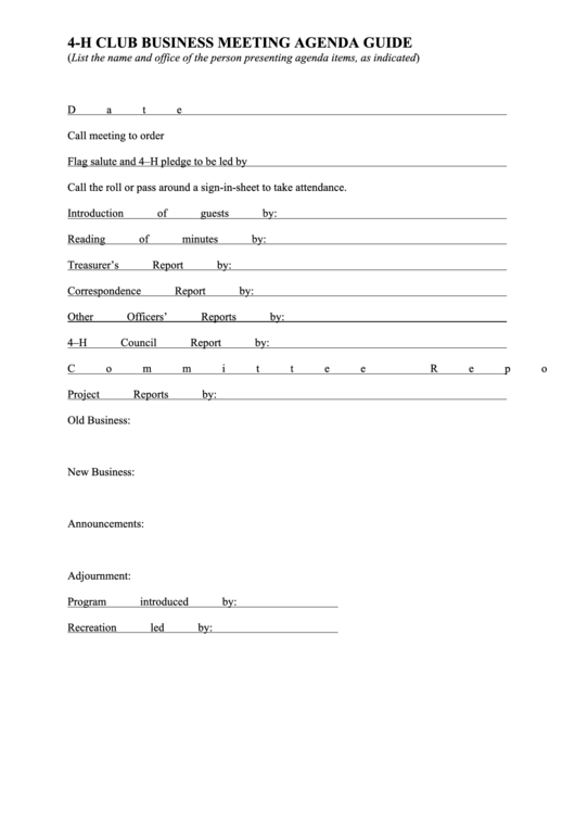 Fillable 4 H Club Business Meeting Agenda Template Printable Pdf Download
