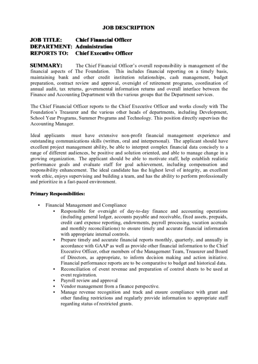 Chief Financial Officer Job Description Printable Pdf Download