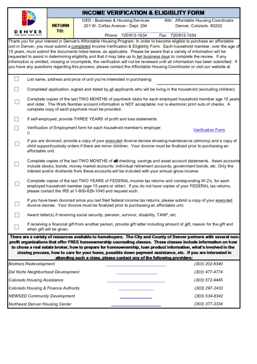 Income Verification & Eligiblity Form - Denver printable pdf download