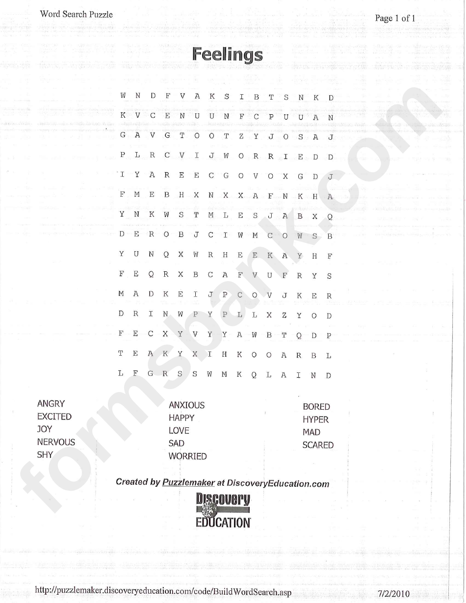 Feelings Word Search Puzzle printable pdf download