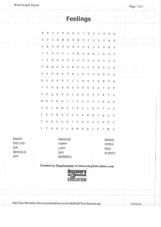 Feelings Word Search Puzzle printable pdf download