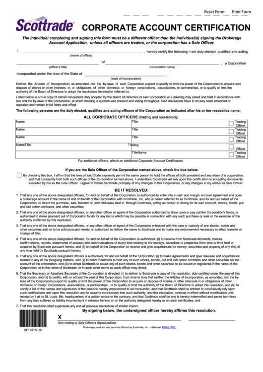 Fillable Corporate Account Certification Form printable pdf download