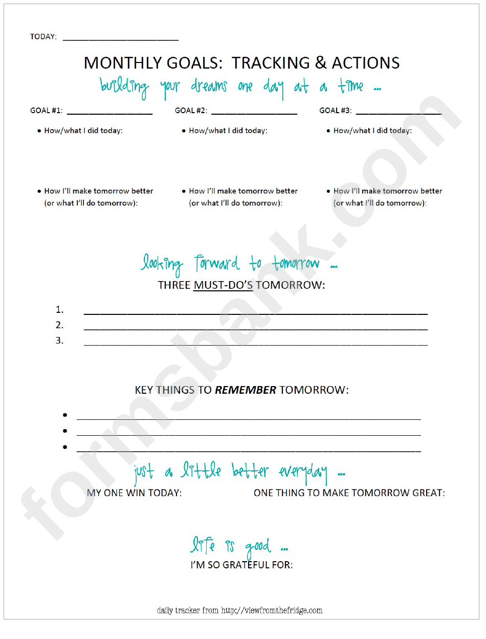 Monthly Goals: Tracking & Actions printable pdf download
