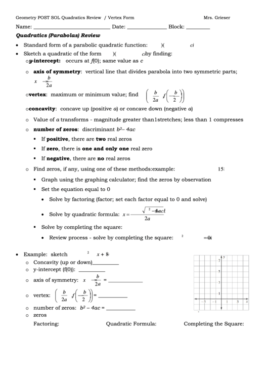 Geometry Post Sol Quadratics Review printable pdf download