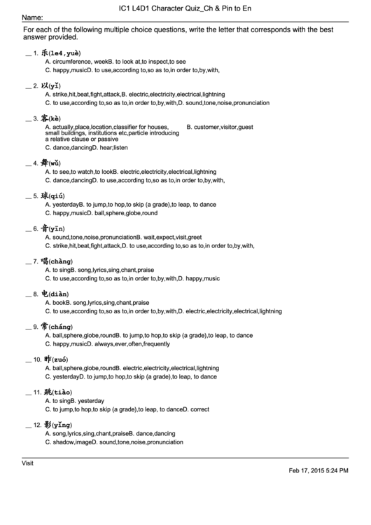 Ic1 L4d1 Character Quiz Ch Pin To En printable pdf download