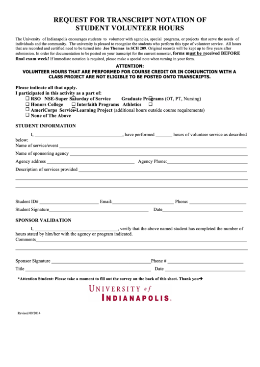 Request For Transcript Notation Of Student Volunteer Hours printable ...
