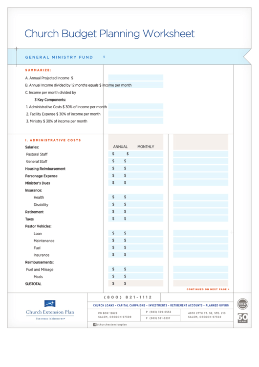 Fillable Church Budget Planning Worksheet Template Printable Pdf Download