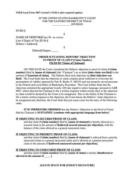 Order Sustaining Debtors Objection printable pdf download