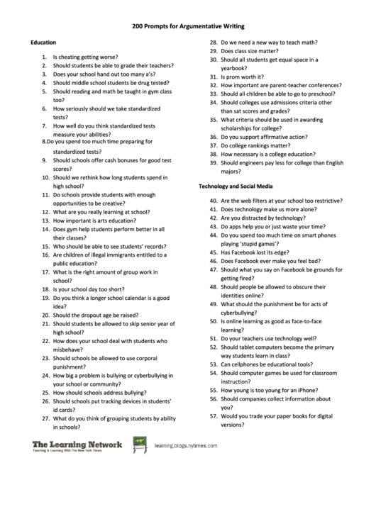 Prompts For Argumentative Writing Printable Pdf Download