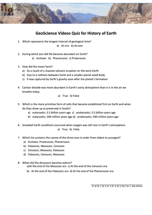Geoscience Videos Quiz For History Of Earth printable pdf download