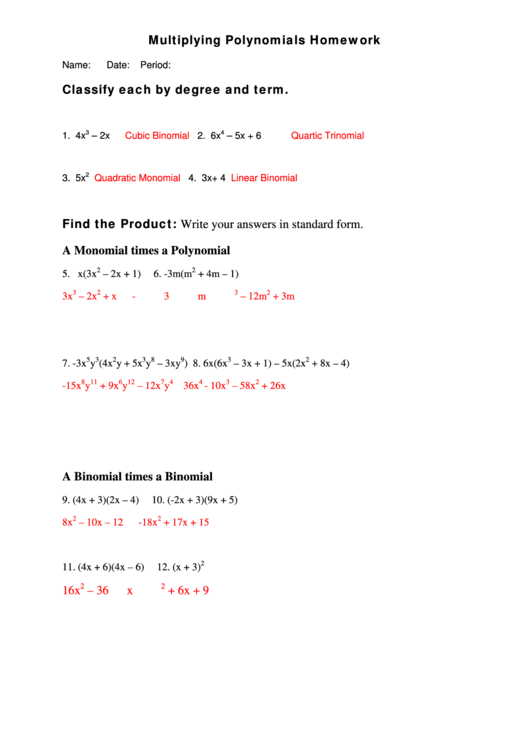 Multiplying Polynomial Worksheet printable pdf download