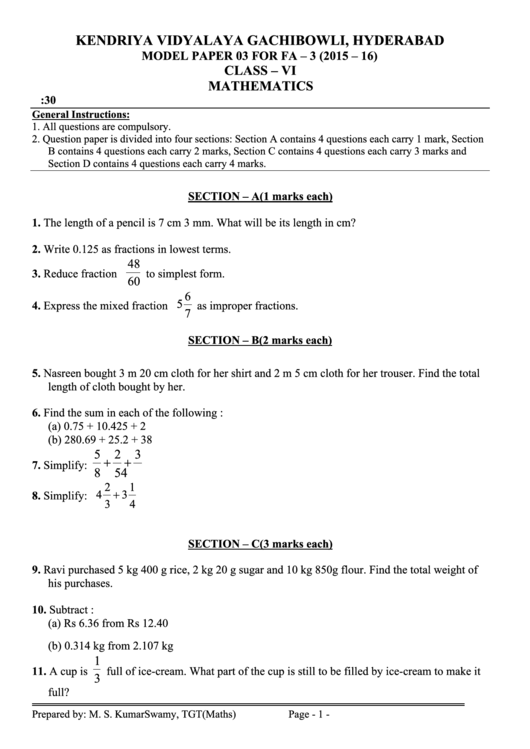 Fa3 Model Paper 03 Class Vi 2015 printable pdf download