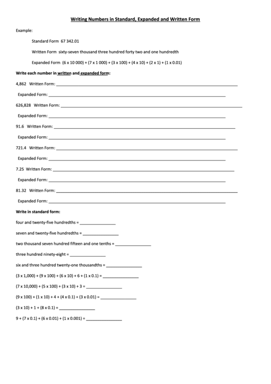 Writing Numbers In Standard Expanded And Written Form printable pdf ...