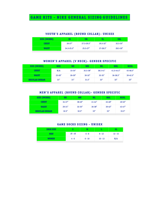 Game Kits - Nike General Sizing Guidelines printable pdf download