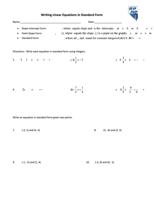 Writing Linear Equations In Standard Form Printable Pdf Download