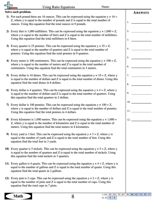 Using Ratio Equations Worksheet With Answer Key printable pdf download
