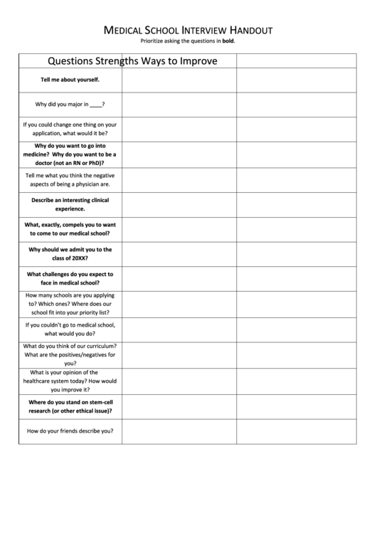 Medical School Interview Handout printable pdf download