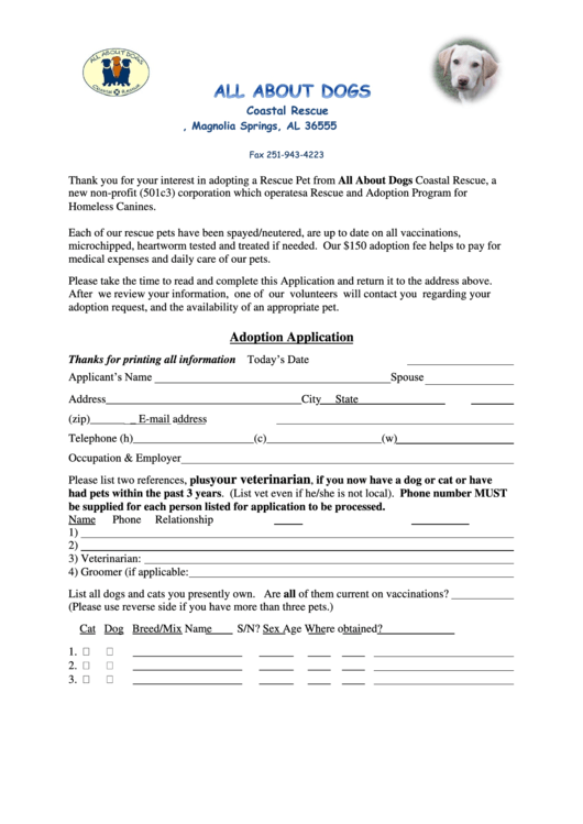Adoption Application - About Dogs Coastal Rescue printable pdf download