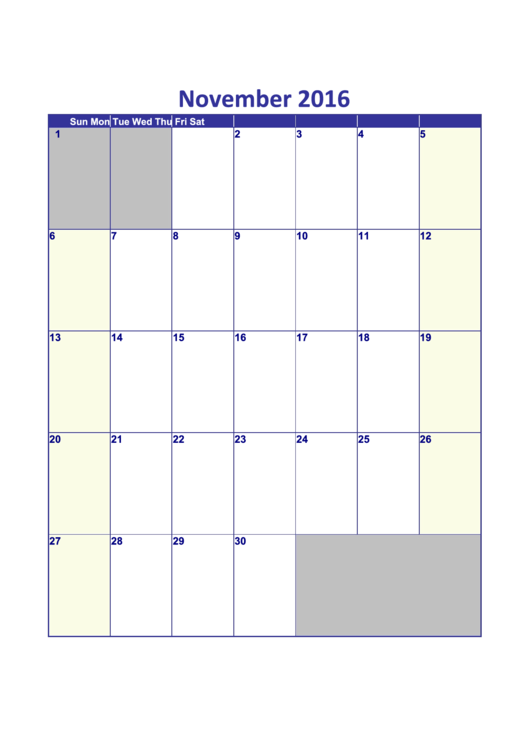 Calendar Template - November 2016 printable pdf download