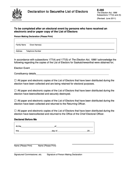 E293 Declaration To Secure The List Of Electors printable pdf download