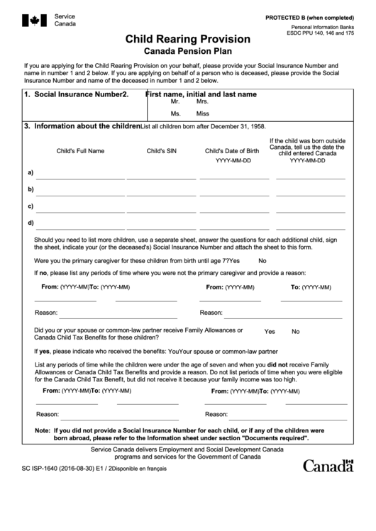 Fillable Child Rearing Provision Canada Pension Plan Printable Pdf Download