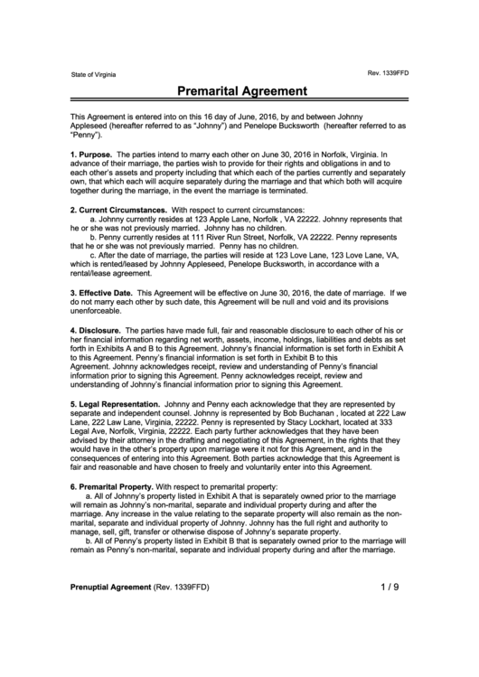 State Of Virginia Prenuptial Agreement Sample Printable Pdf Download