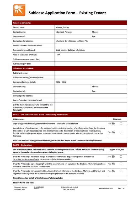 Sublease Application Form - Existing Tenant printable pdf download