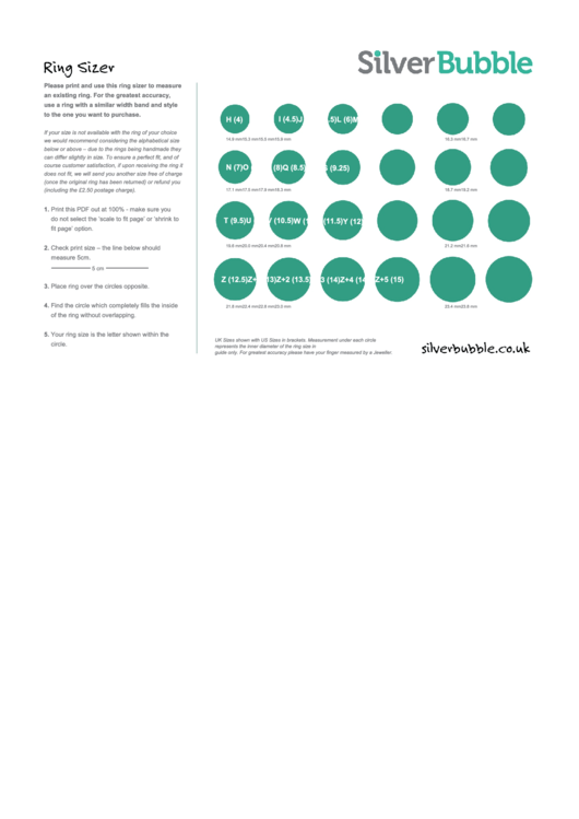 Silver Bubble Ring Size Chart printable pdf download
