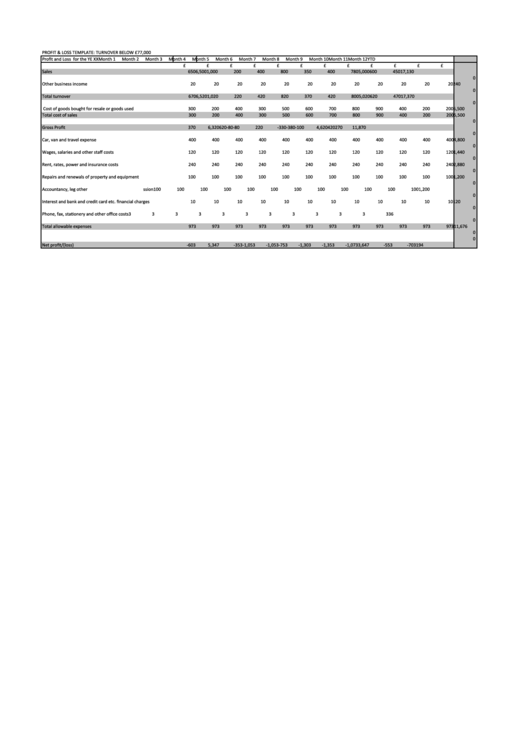 Profit And Loss Template: Turnover Below F77,000 printable pdf download