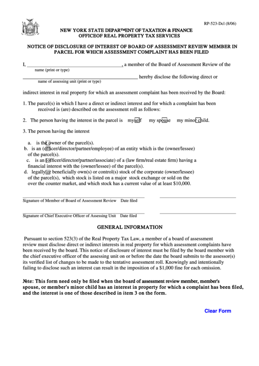 Notice Of Disclosure Of Interest Of Board Of Assessment Review Member ...