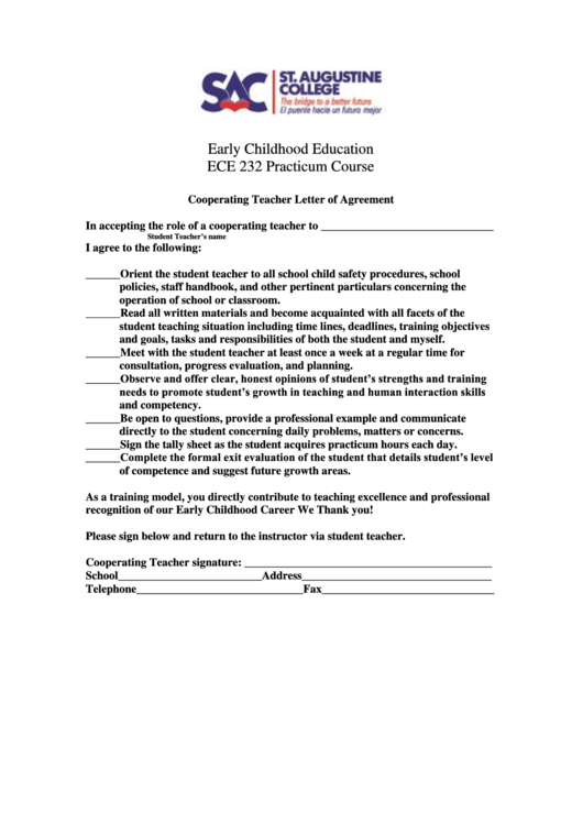 Cooperating Teacher Letter Of Agreement printable pdf download