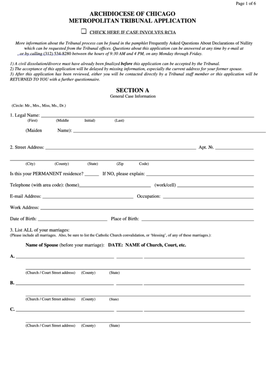 Fillable Archdiocese Of Chicago Metropolitan Tribunal Application ...