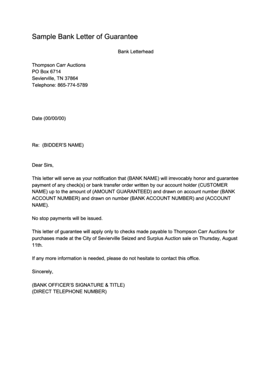Sample Bank Letter Of Guarantee Printable Pdf Download