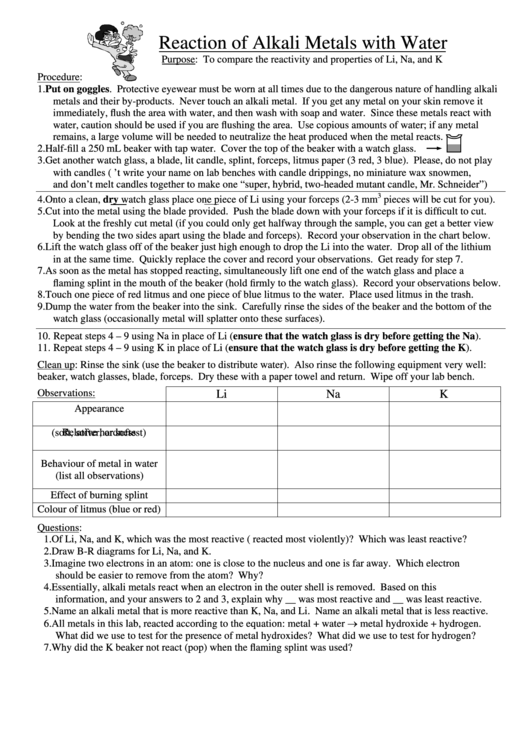 Reaction Of Alkali Metals With Water Worksheet printable pdf download