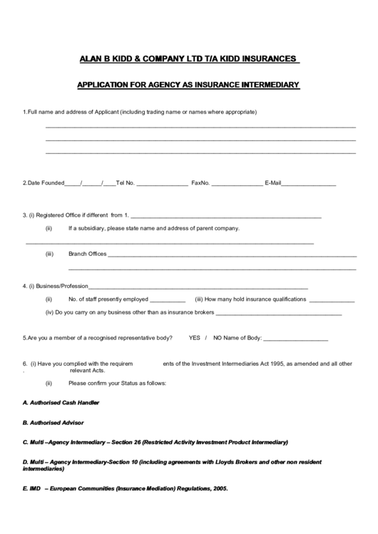 Application Form For Agency As Insurance Intermediary printable pdf ...