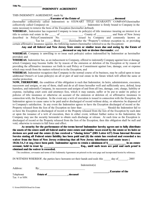 Indemnity Agreement printable pdf download