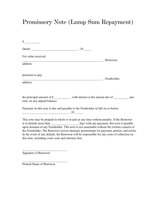 Fillable Promissory Note Lump Sum Repayment Form Printable Pdf Download