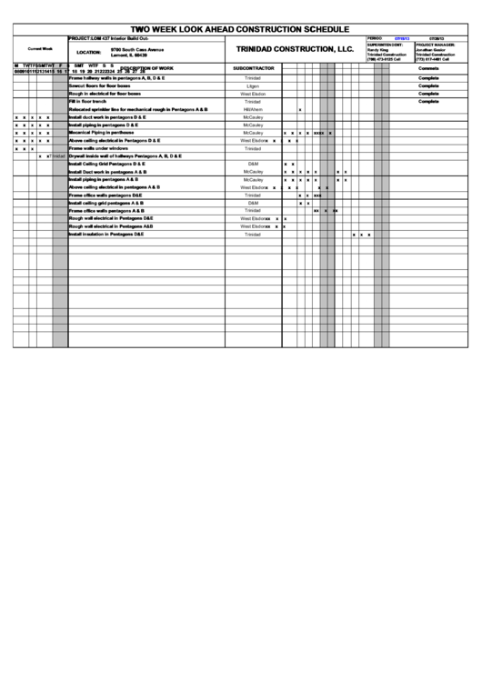 Sample Two Week Look Ahead Construction Schedule Template Printable Pdf 