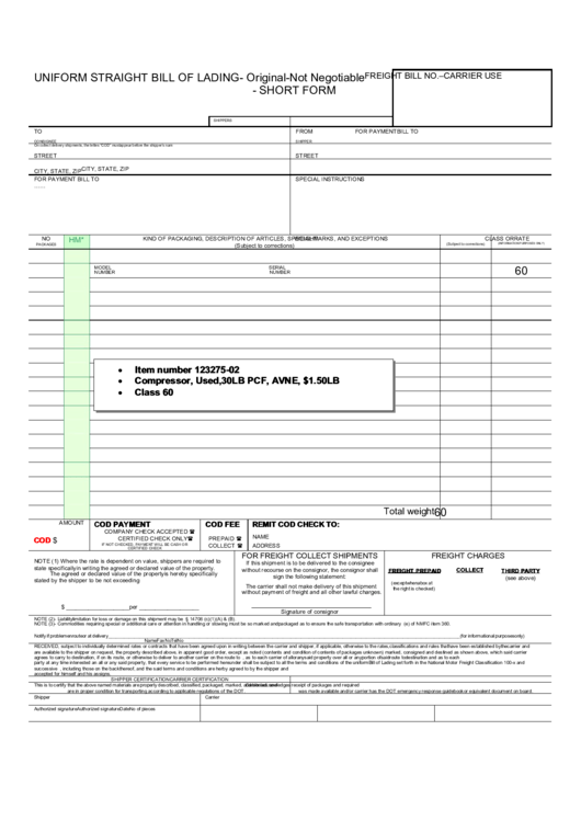 Uniform Straight Bill Of Lading Printable Pdf Download