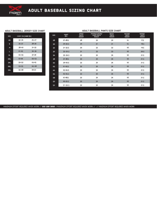 Maxim Athletic Adult Baseball Sizing Chart printable pdf download