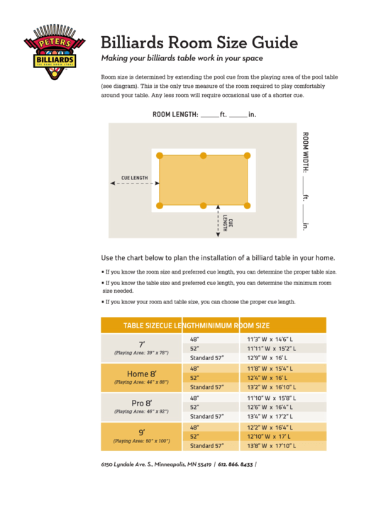Billiards Room Size Guide printable pdf download