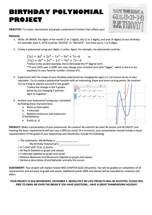 Birthday Polynomial Project printable pdf download