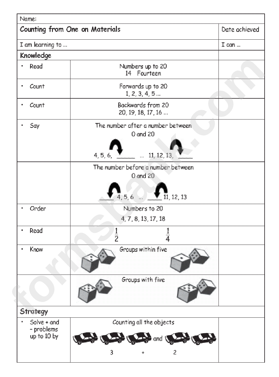 Counting From One On Materials Worksheet printable pdf download