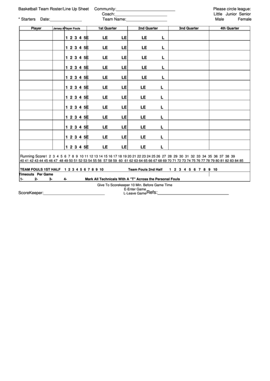 Basketball Team Roster line Up Sheet Template Printable Pdf Download