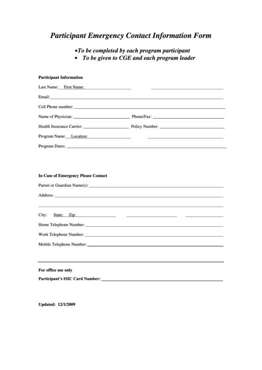Participant Emergency Contact Information Form printable pdf download