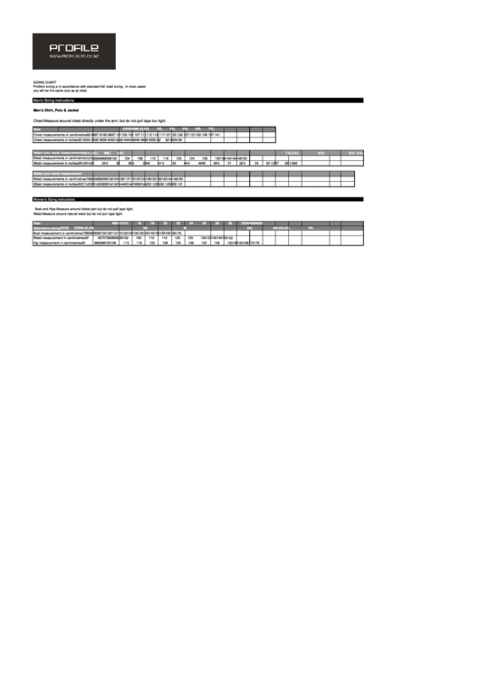 Profile Size Chart (Women'S & Men'S) printable pdf download