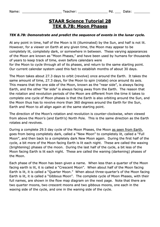 Staar Moon Phases Science Worksheets printable pdf download