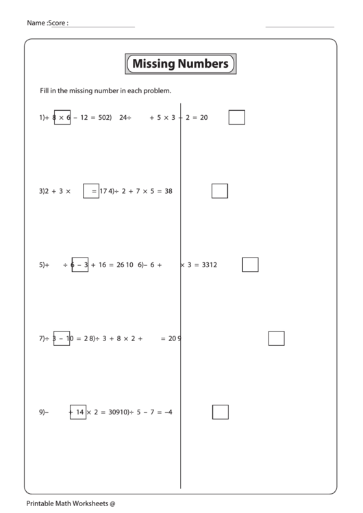 Missing Numbers Worksheet printable pdf download