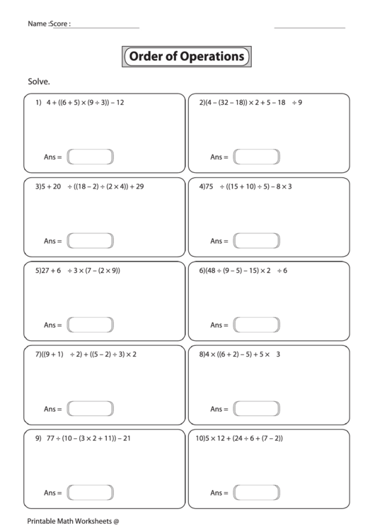 Order Of Operations Worksheet printable pdf download